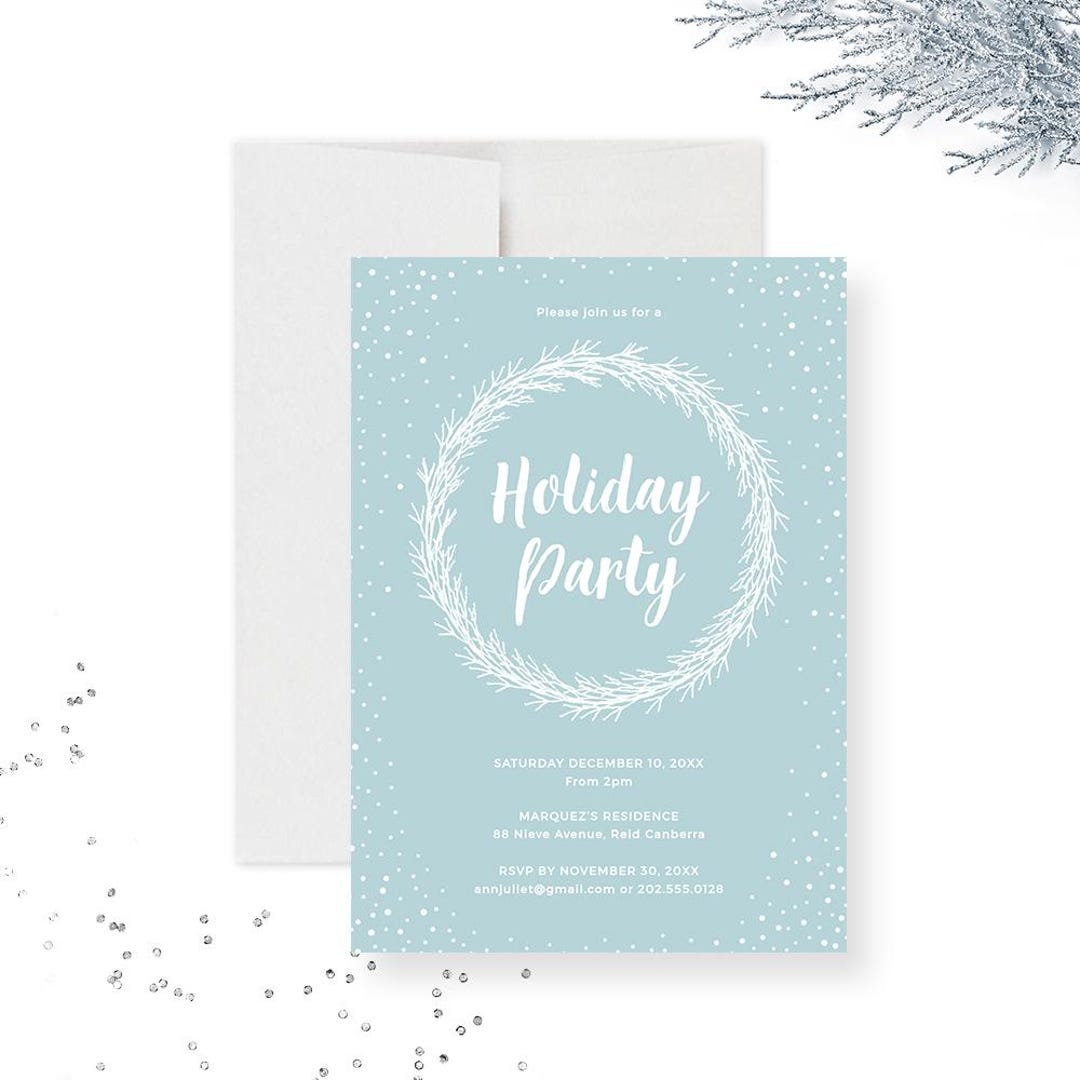 Holiday Party Invitation Template Minimalist Winter Wreath Christmas ...