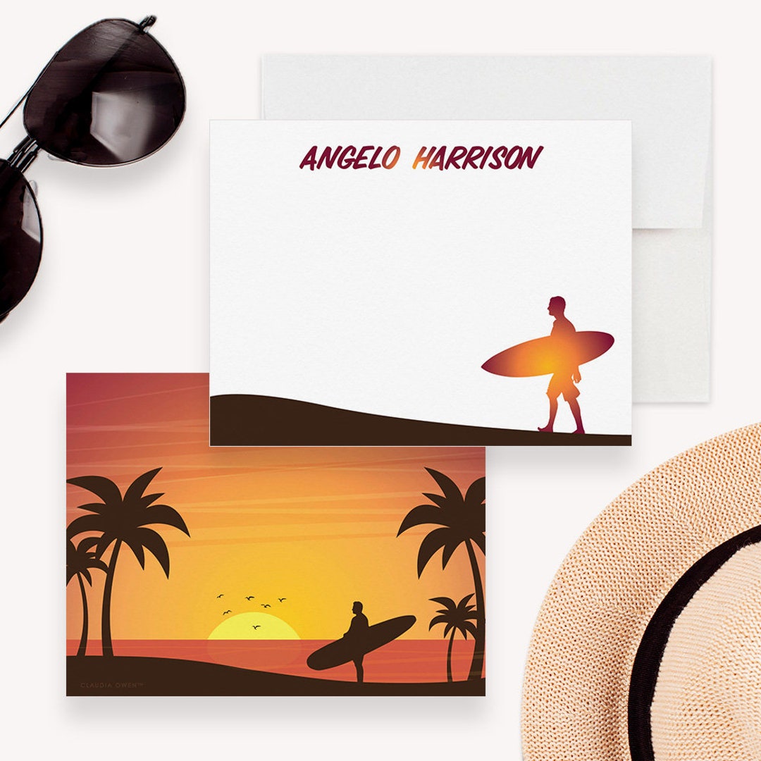 Surfer Note Cards for Men, Surfboard Beach Stationary Set, Surfer Thank ...