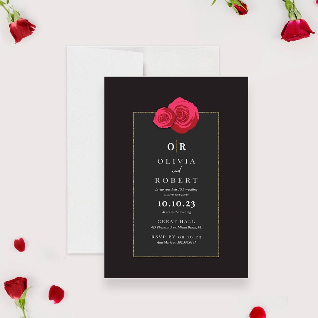 Red Rose Invitation Editable Template, Romantic Wedding Anniversary ...