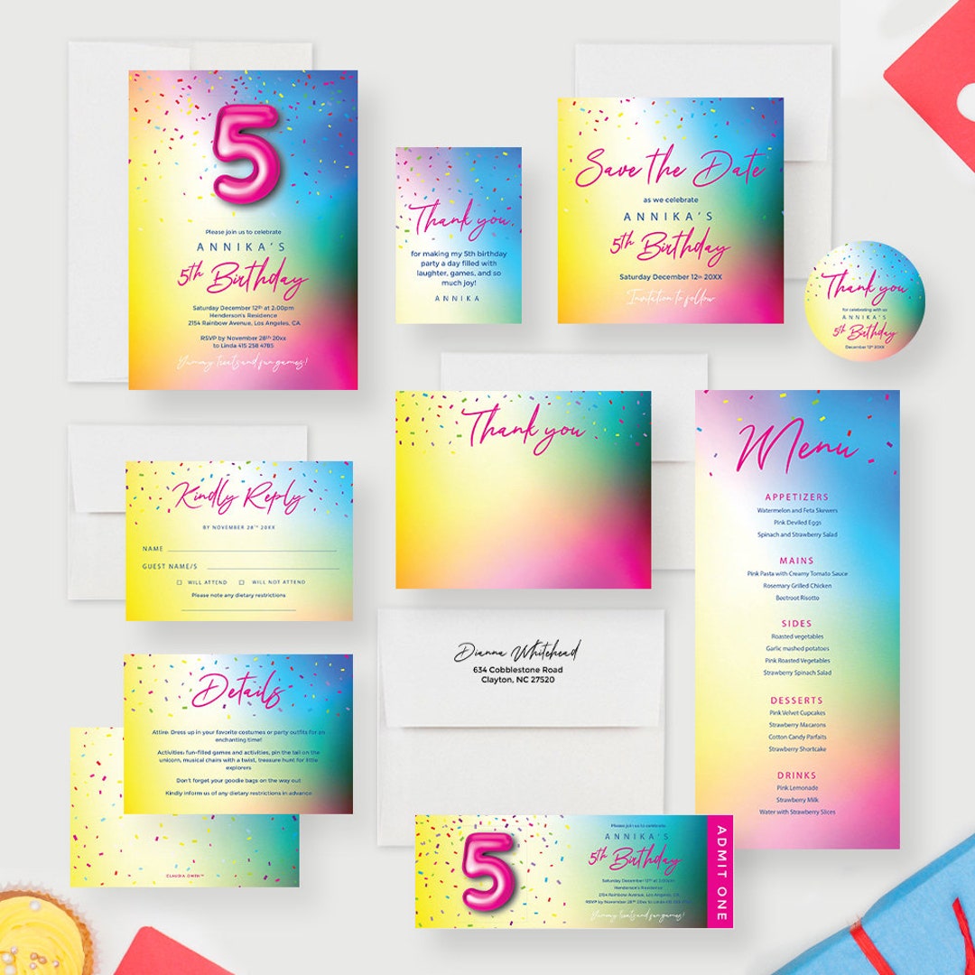 Colorful Fifth Birthday Invitation Card With Confetti, Kids Birthday ...