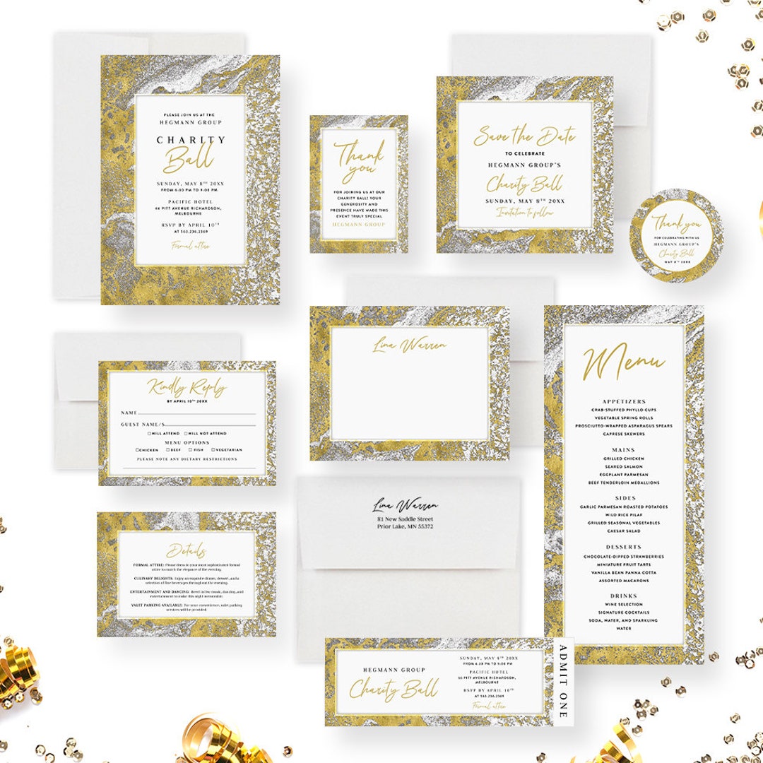 Silver and Gold Invitation for Business Charity Ball, Golden Hour Gala ...