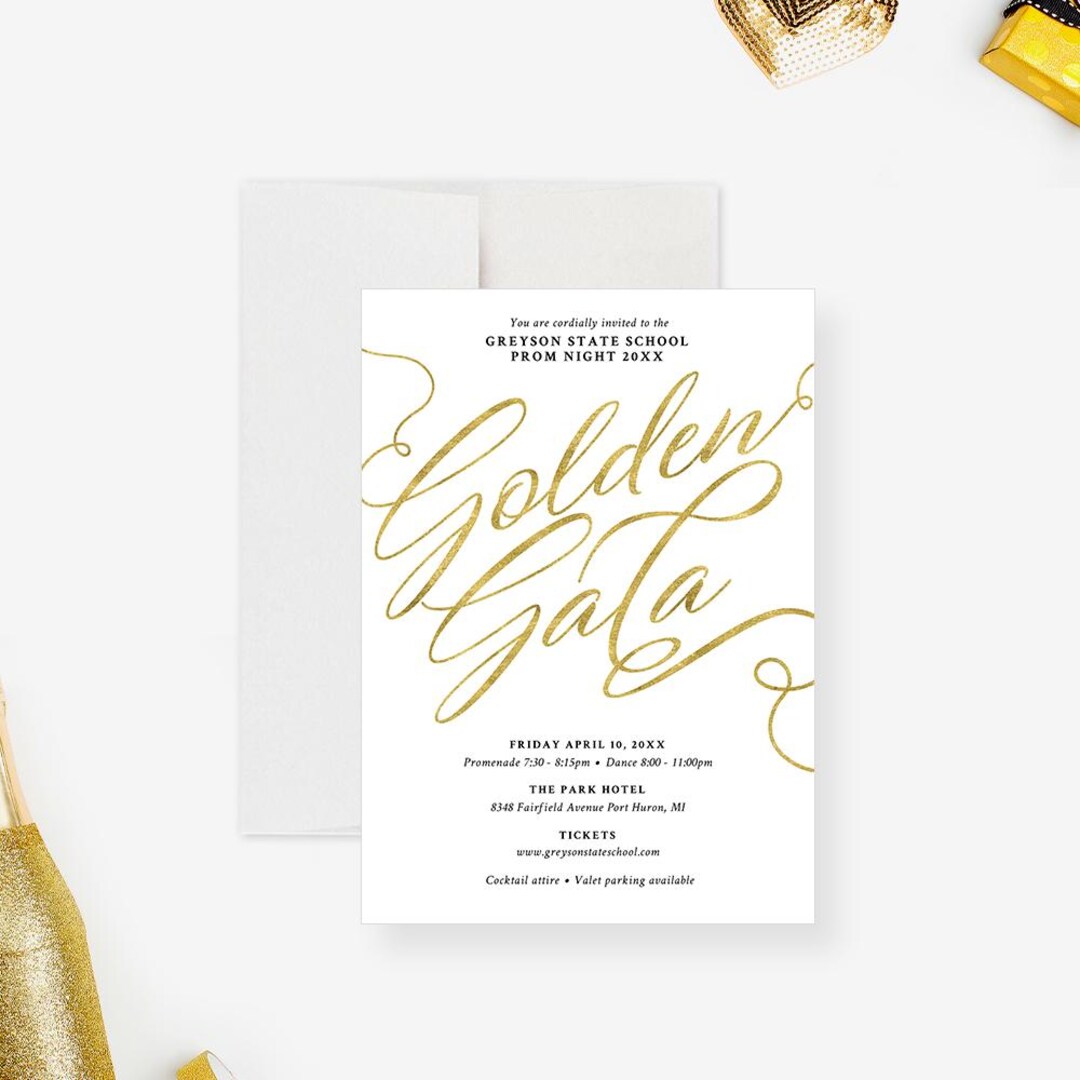 Golden Gala School Prom Invitation With Elegant Typography, White and ...