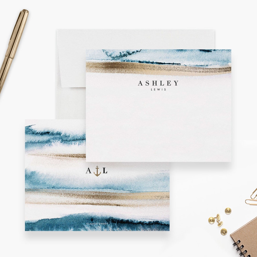 Nautical Flat Note Card Monogrammed Sea Stationery, Personalized Women ...