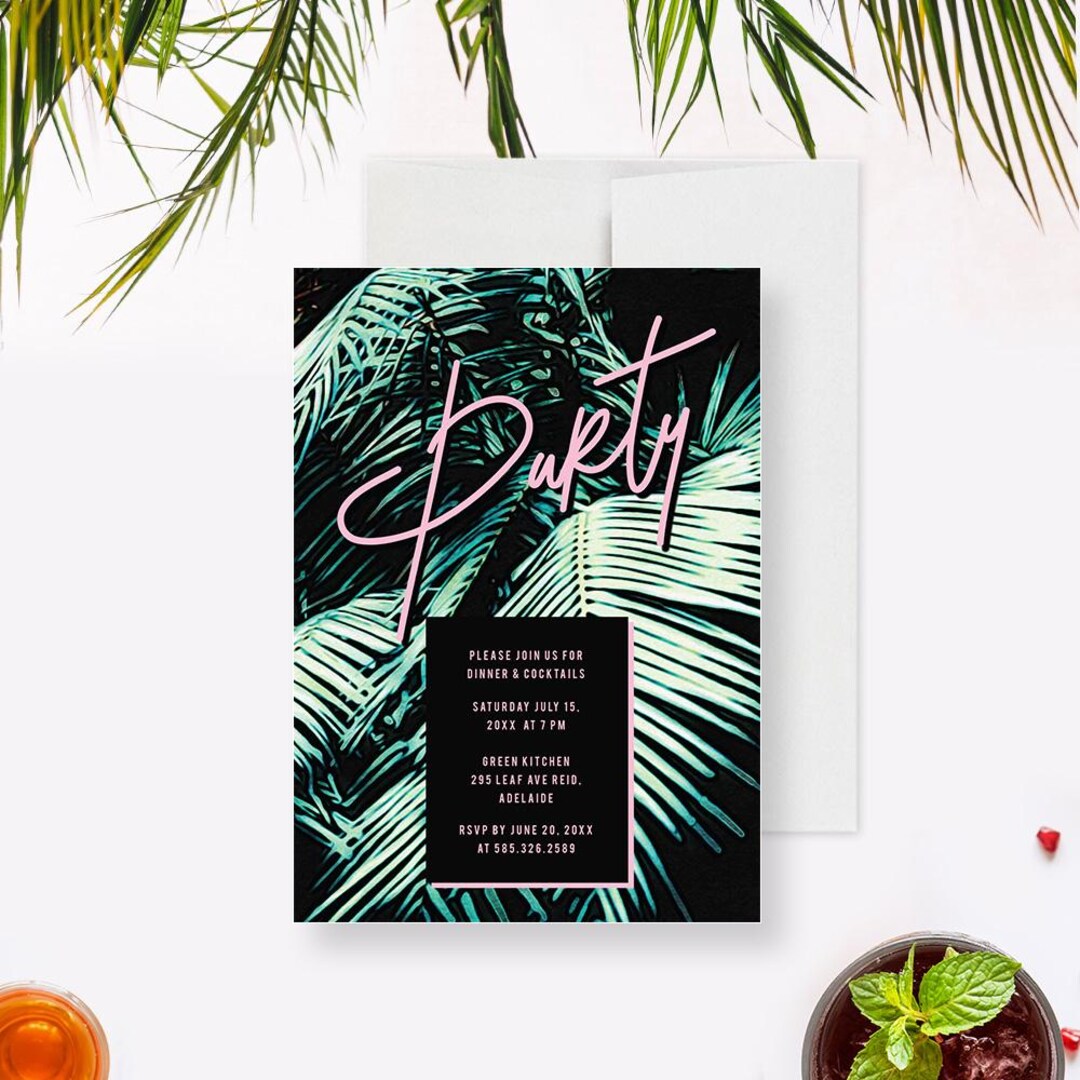 Tropical Birthday Party Invitation With Palm Leaves, Summer Pool Party ...