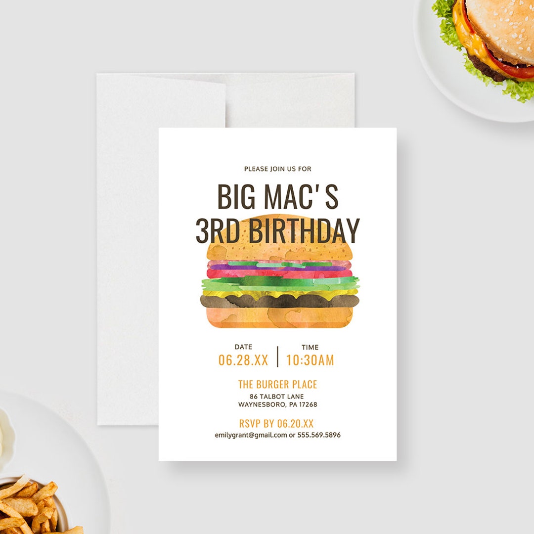 Burger Birthday Party Invitation Editable Template, Mens Birthday ...