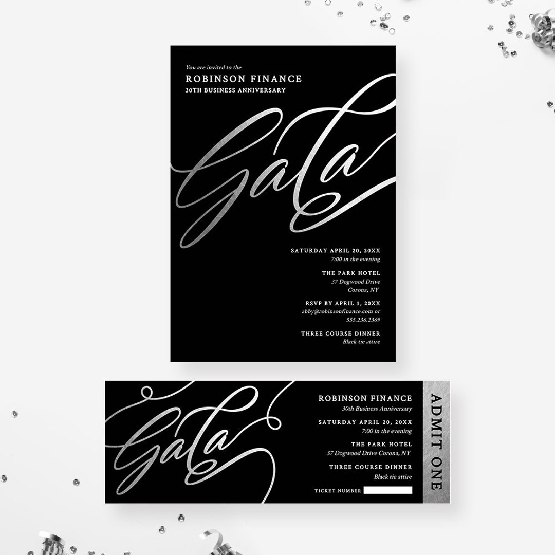 Silver Gala Invitation Editable Template With Ticket, Corporate Work ...