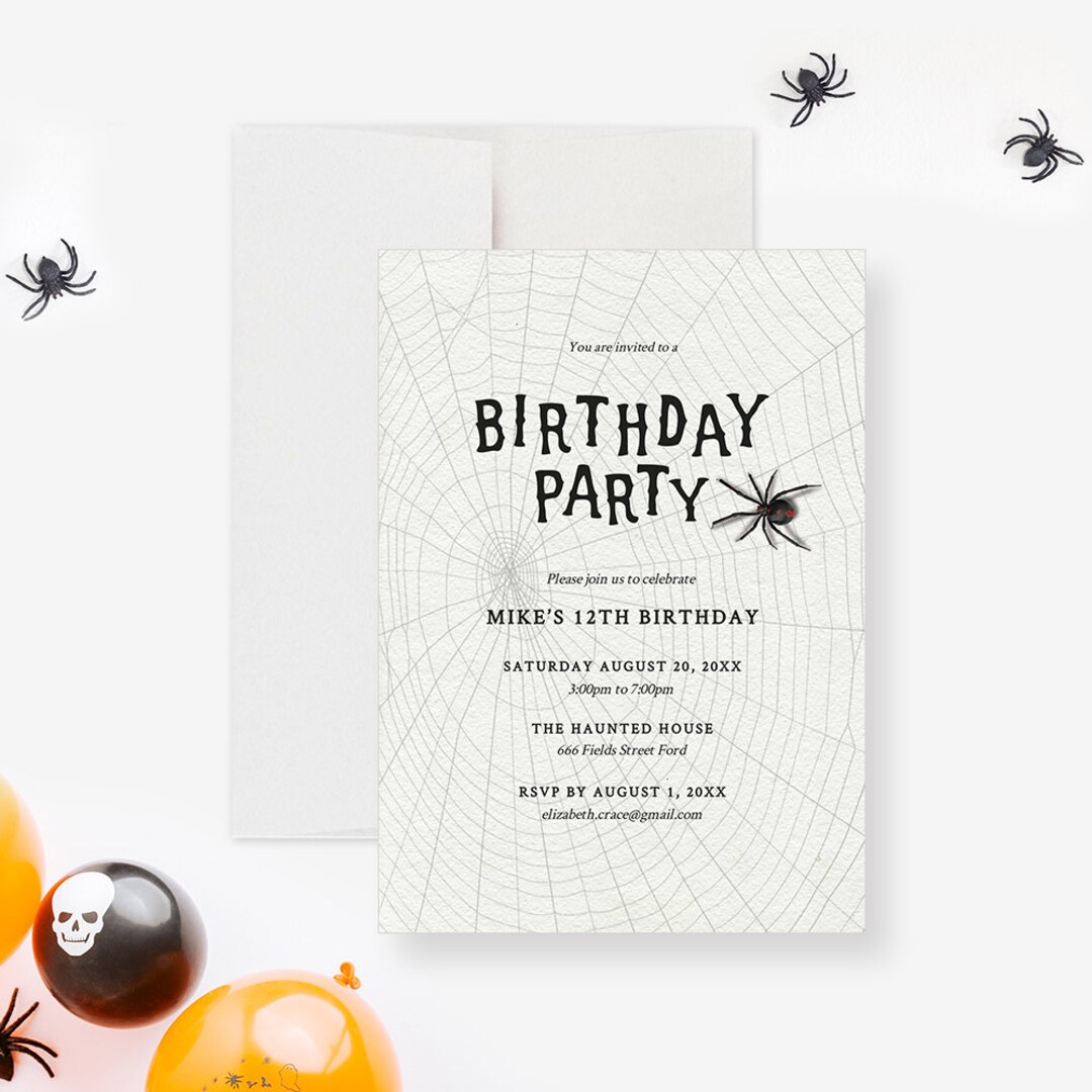 Spider Web Birthday Party Invitation Template, Halloween Birthday ...