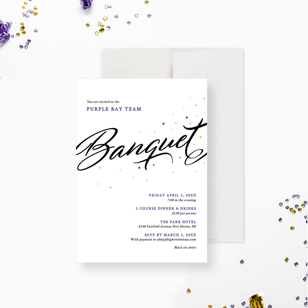 Banquet Party Invitation Template in Black and Purple, Professional ...