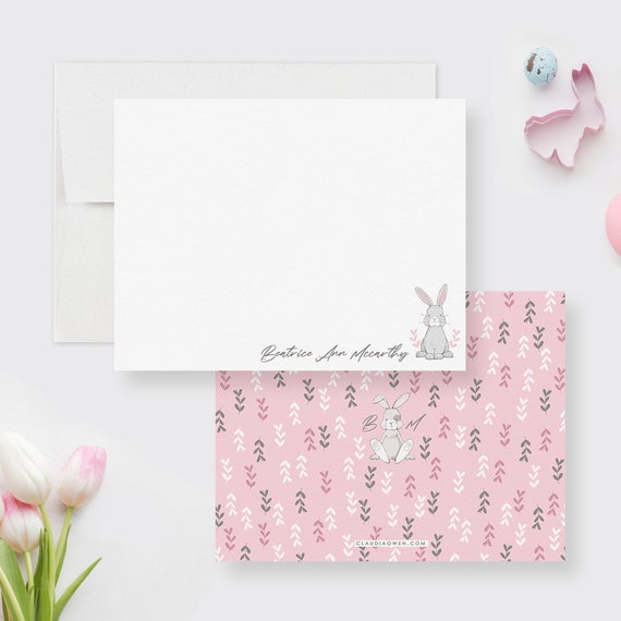 Personalized Bunny Note Card for Kids Girl Stationery Easter - Etsy