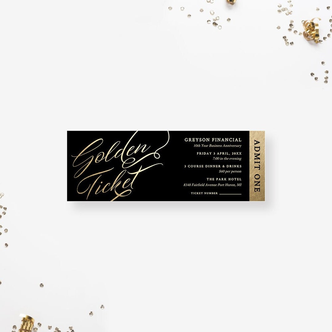 Golden Ticket Editable Template, Black and Gold Ticket Invitation ...
