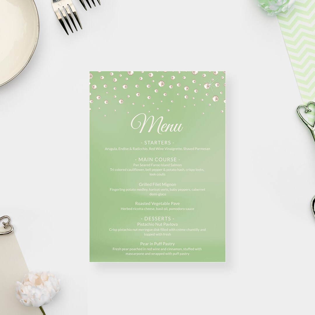 Menu Cards With Pearls in Sage Background, Light Green Wedding Menu ...