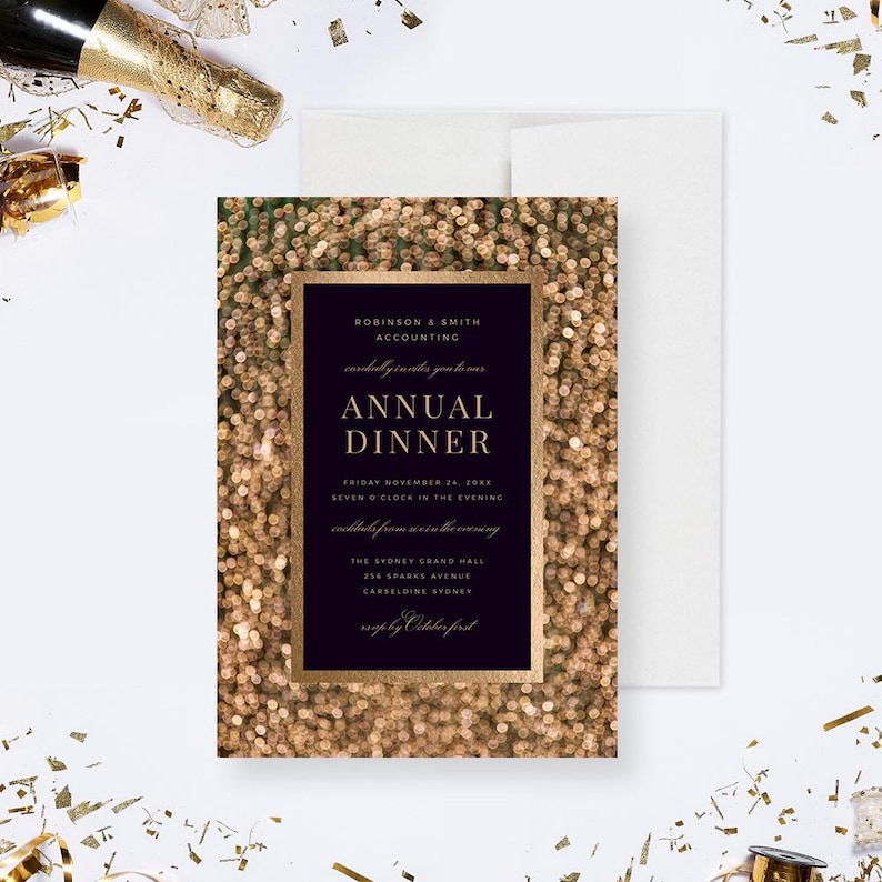 Annual Dinner Party Invitation Editable Template, Gold Gala Company ...