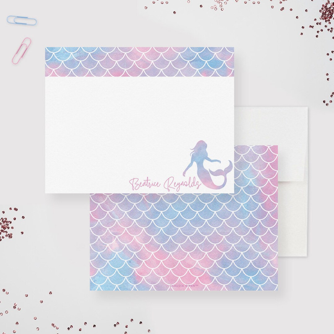 Personalized Mermaid Note Card Set With Envelopes, Girls Teens ...