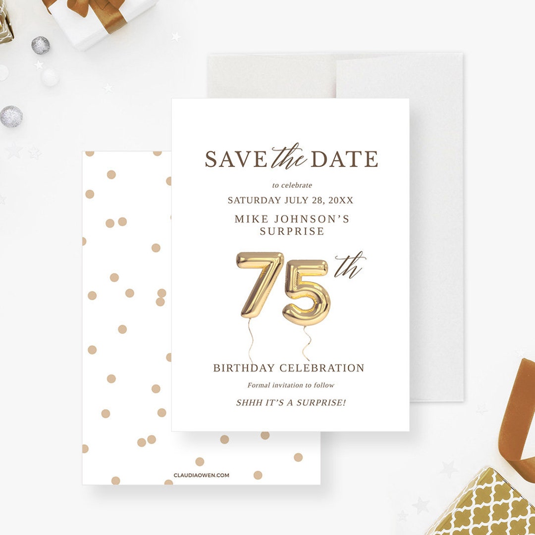 75th Save the Date Card Editable Template, 75th Birthday Balloon ...
