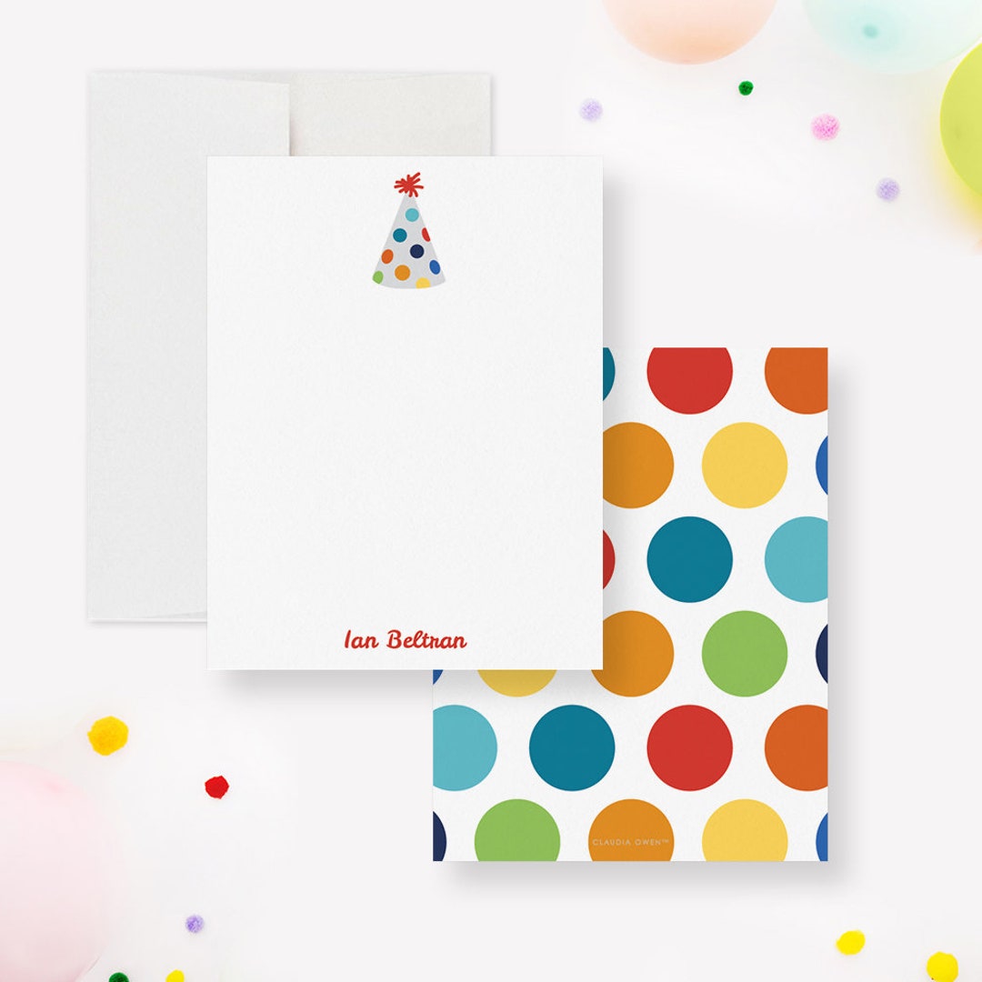 Personalized Colorful Birthday Note Cards With Party Hat, Cute Thank ...