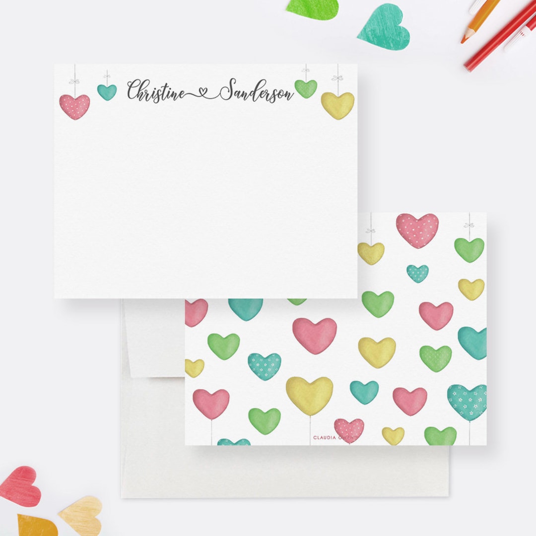 Personalized Hearts Note Cards, Kids Girls Colorful Flat Note ...