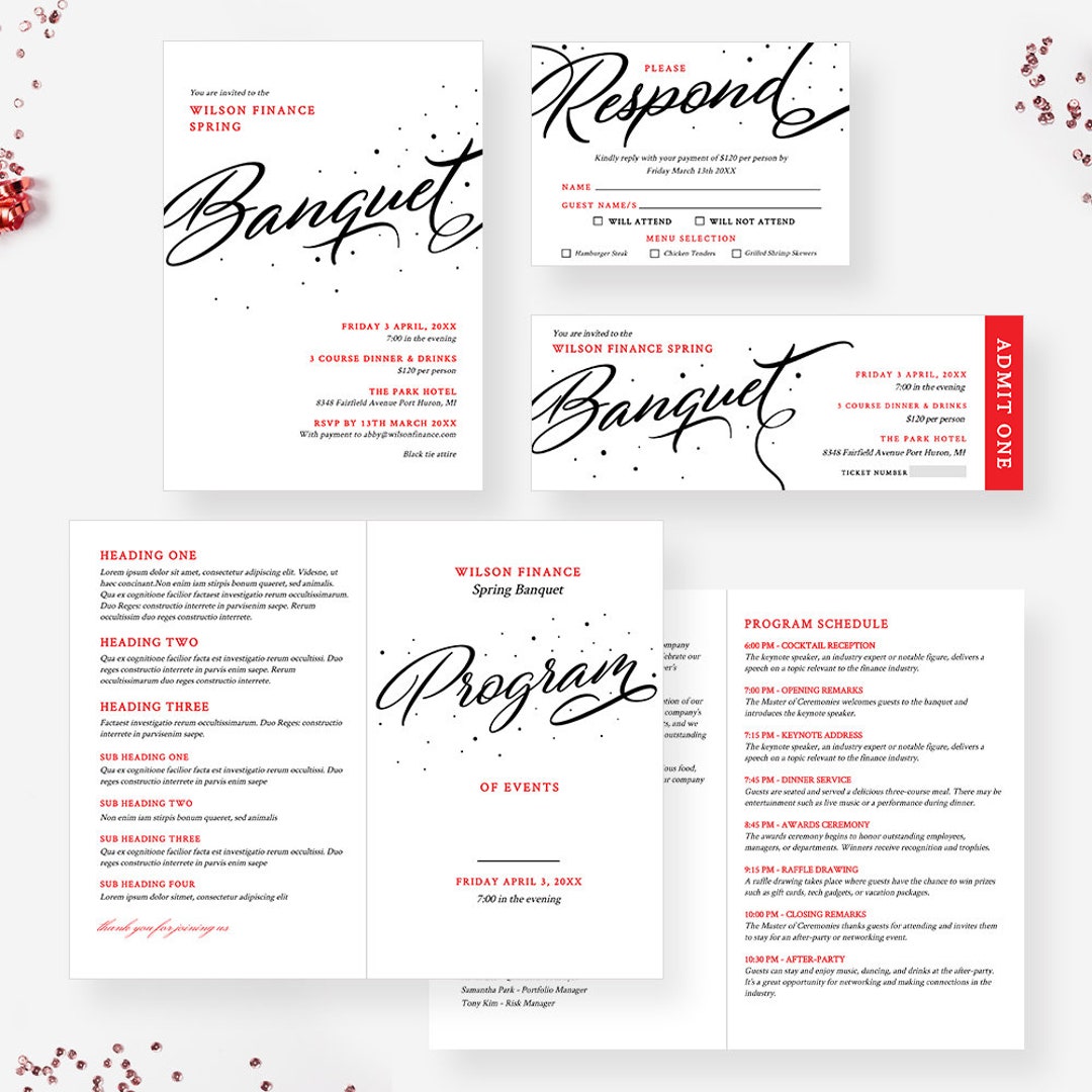 Banquet Invitation Editable Template With Matching RSVP and Ticket ...
