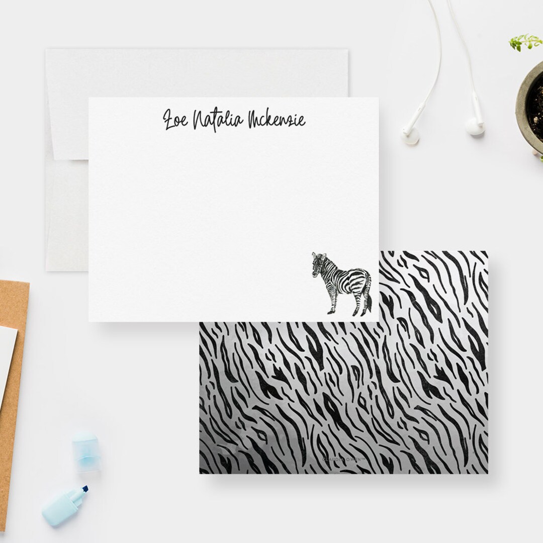 Personalized Zebra Note Card Set, Zoo Animal Stationery Set for Women ...