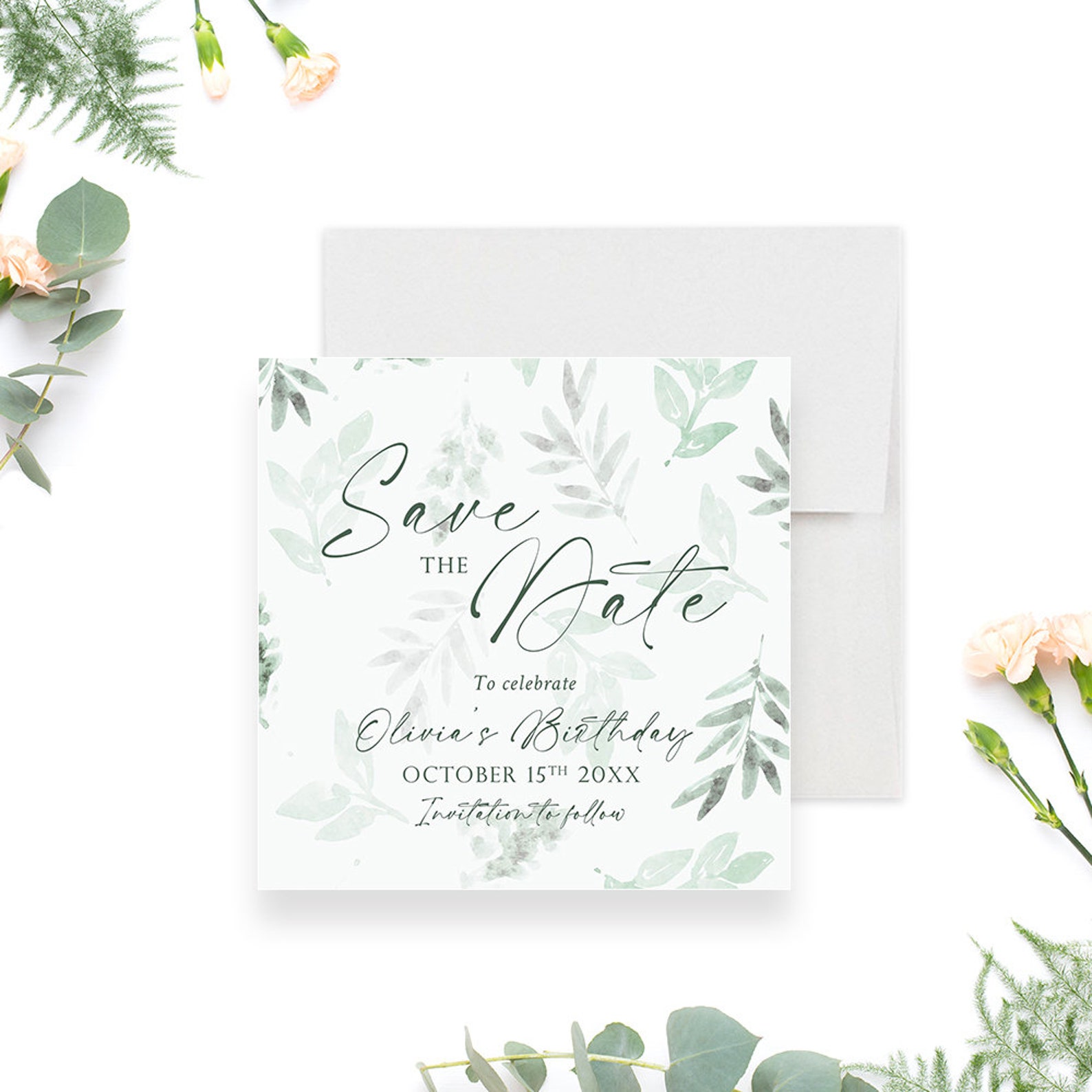 Greenery Birthday Invitation Card With Watercolor Leaf Design, Summer ...