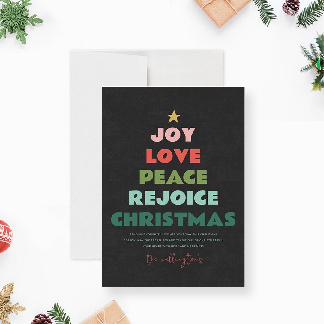 Christmas Card Template, Joy Love Peace Rejoice Holiday Cards ...
