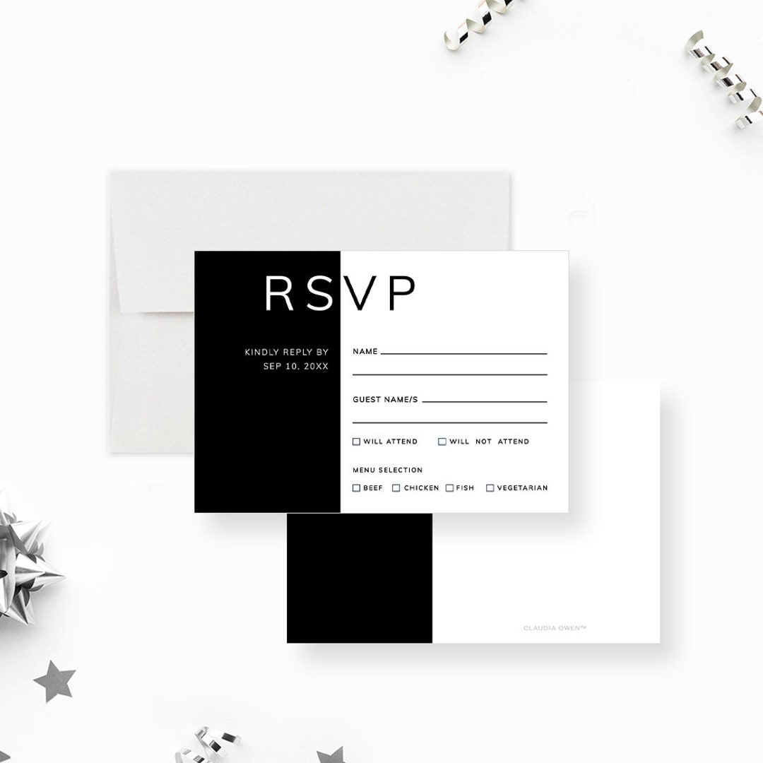 Black and White RSVP Template Card With Menu Selection, Enclosure Cards ...
