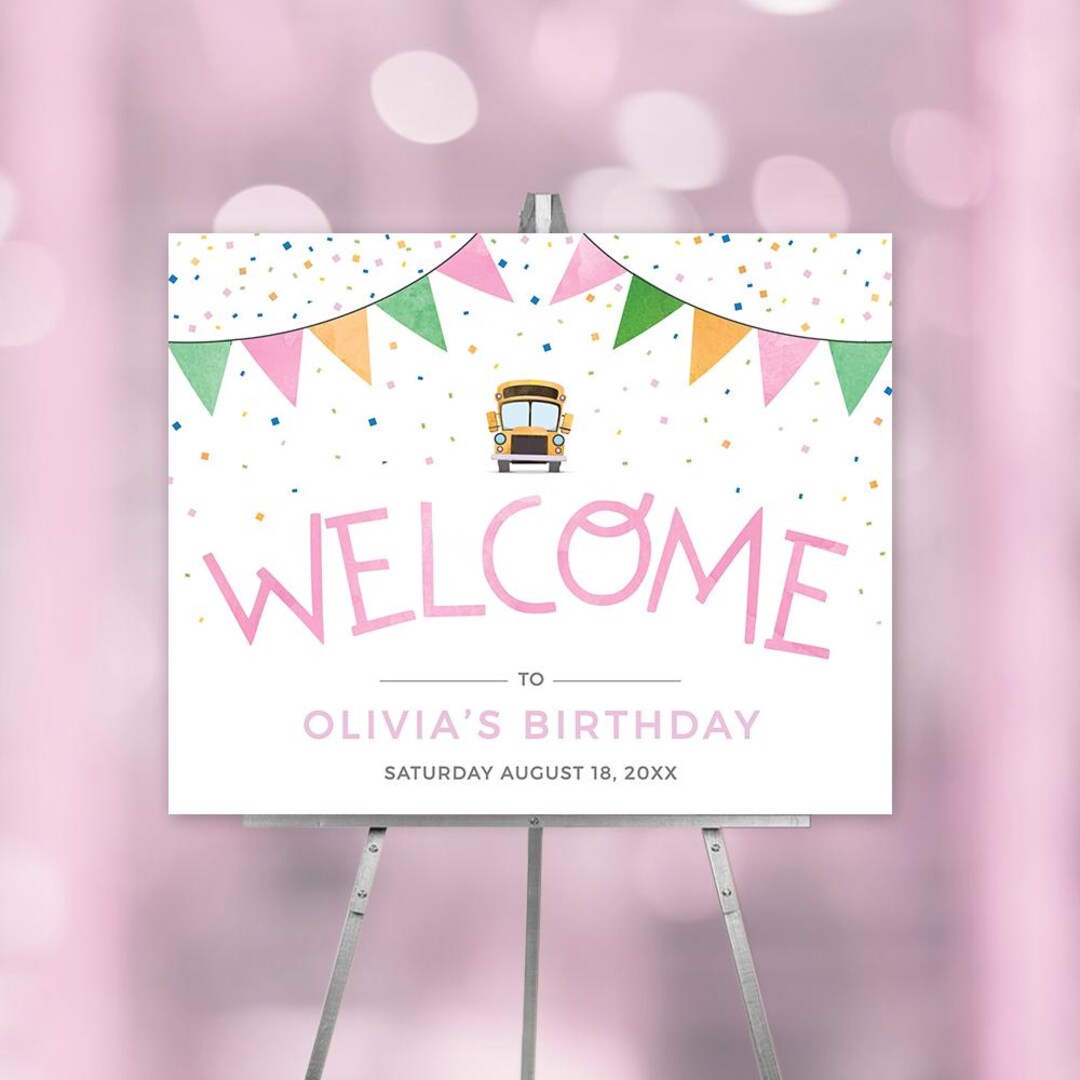 Bus Printed Welcome Sign in Pink, School Bus Party Poster, Wheels on ...