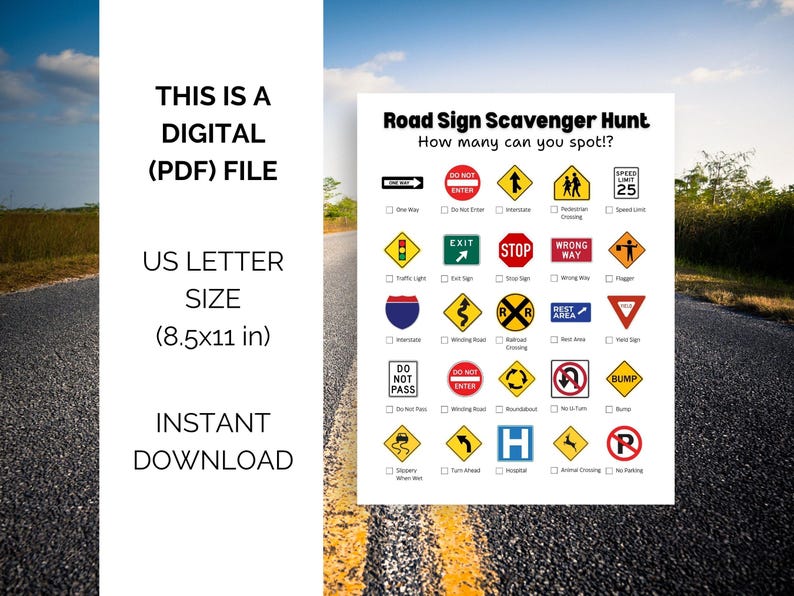Road Trip Scavenger Hunt Printable, Road Sign Hunt, Kids Road Trip ...