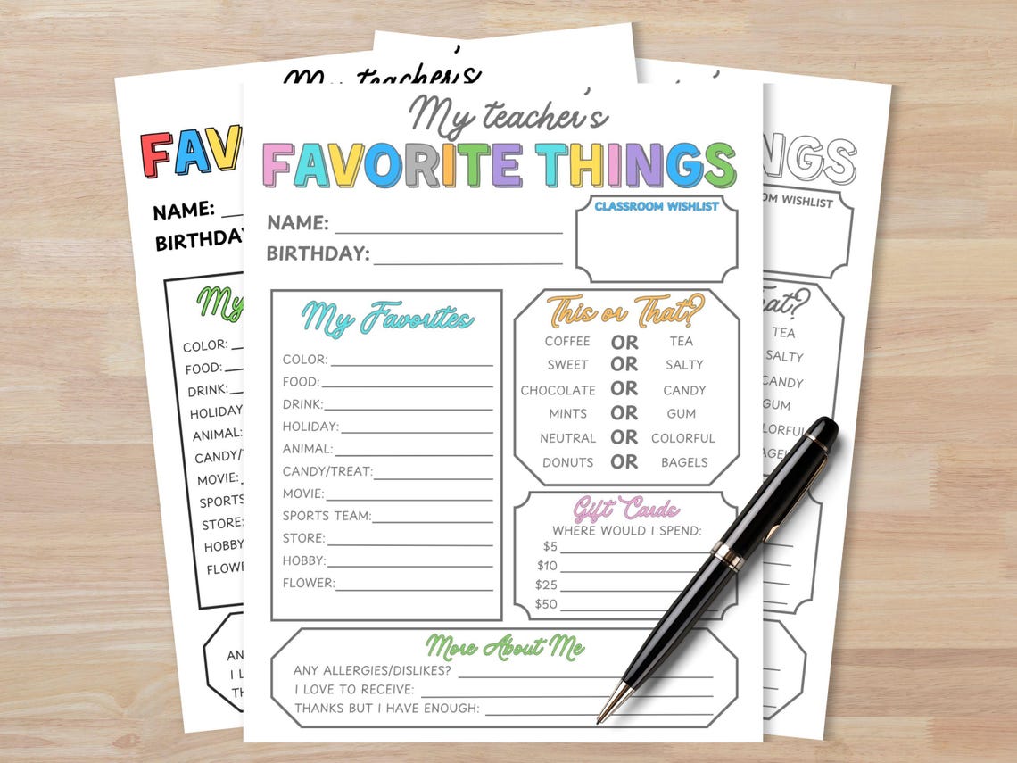 Teacher Favorite Things List, Teacher Favorites Questionnaire, Get to ...