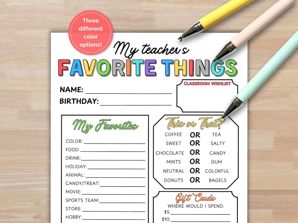 Teacher Favorite Things List, Teacher Favorites Questionnaire, Get to ...