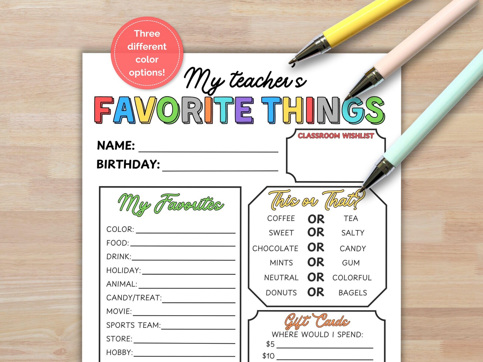 Teacher Favorite Things List, Teacher Favorites Questionnaire, Get to ...