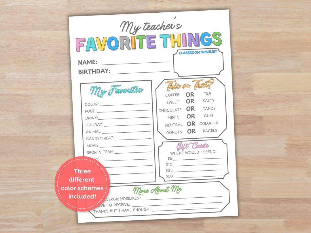 Teacher Favorites Questionnaire, Teacher Favorite Things Printable, Get ...