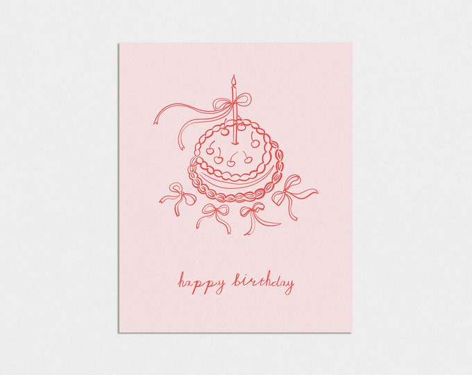 Cursive Folded Birthday Card - Pink and Red Cake With Cherries and Bows ...