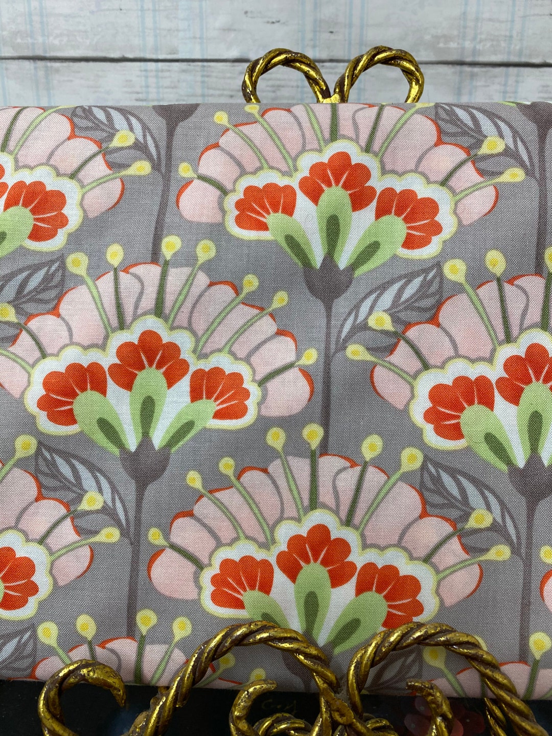 Kate Spain Good Fortune Fabric, Pink & Orange Floral on Gray, Moda ...