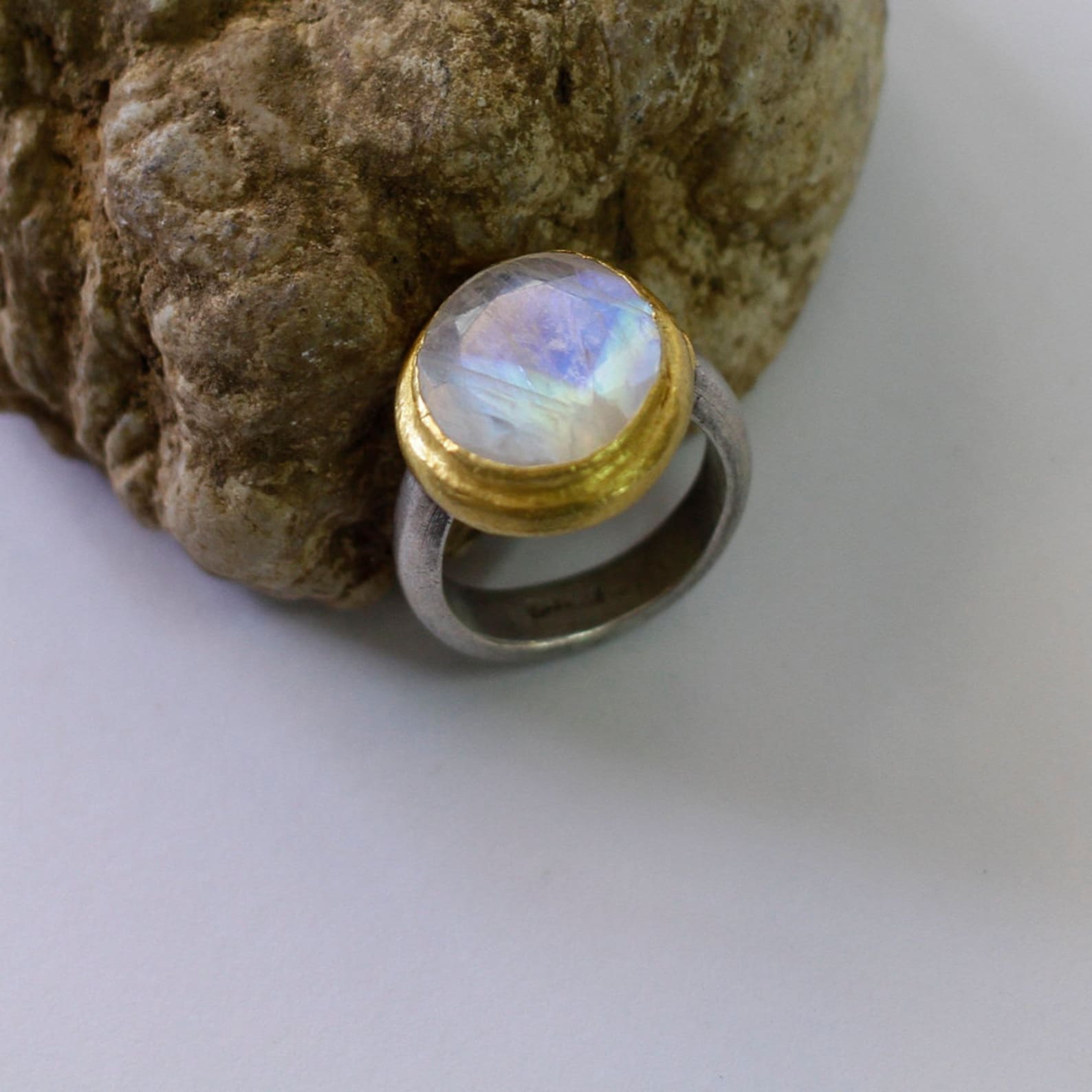 Round Moonstone Engagement Ring, Gold and Silver Moonstone Ring, Non ...