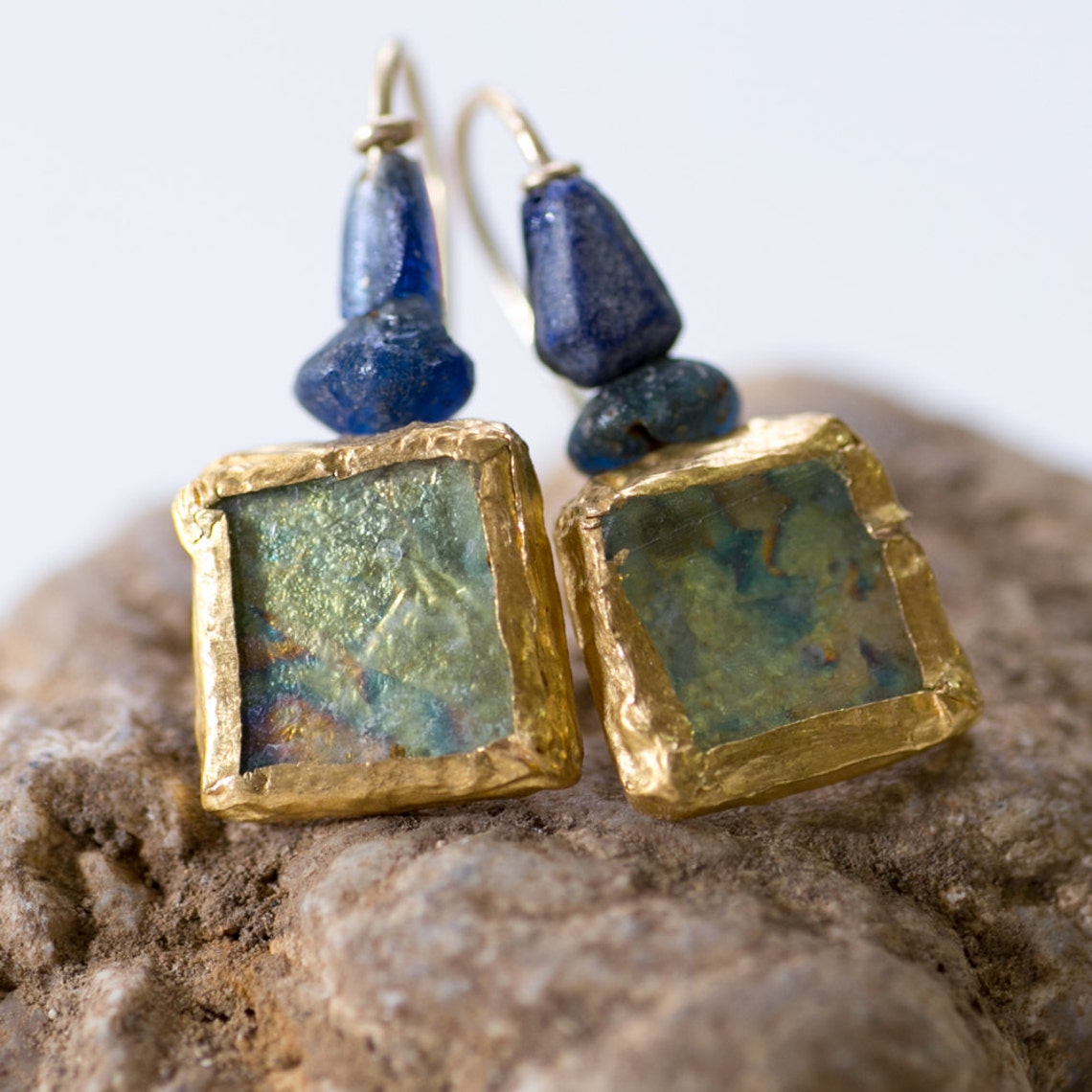 Ancient Roman Glass Earrings, Gold Dangle Earrings, Gold Glass Earrings ...
