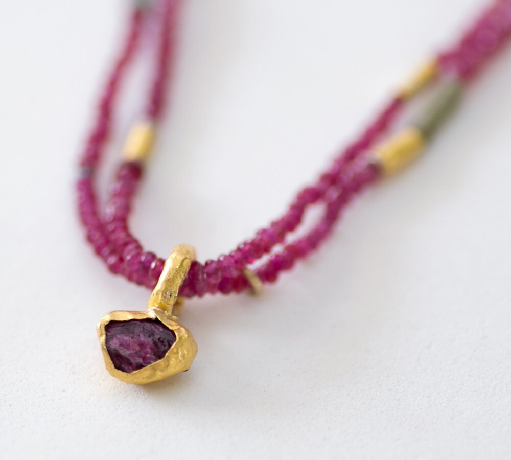 Solid Gold Ruby Necklace, 2 Strand Red Ruby Bead Necklace, Natural Ruby ...