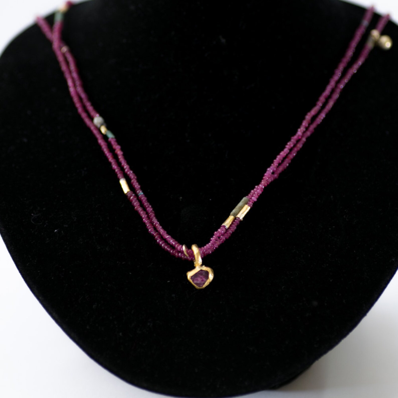 Solid Gold Ruby Necklace, 2 Strand Red Ruby Bead Necklace, Natural Ruby ...