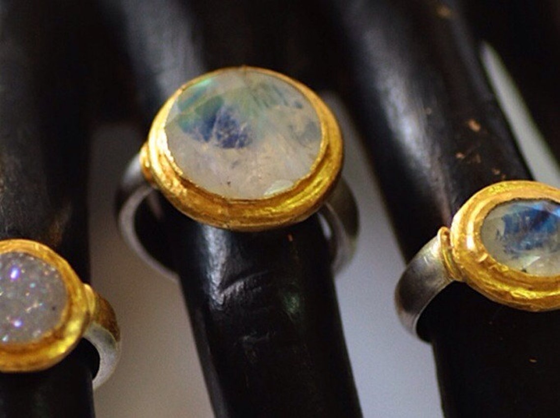 Round Moonstone Engagement Ring, Gold and Silver Moonstone Ring, Non ...