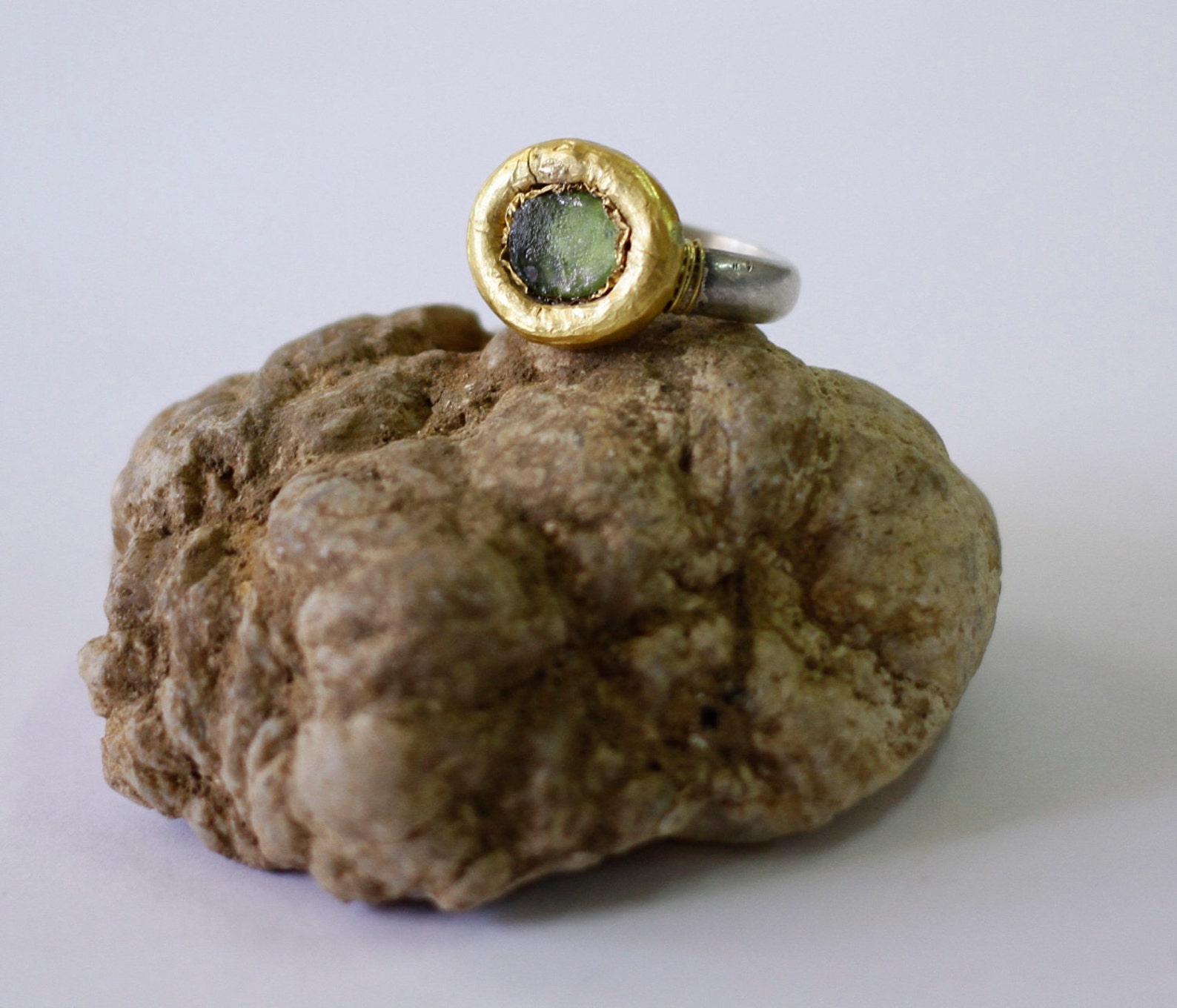 Ancient Roman Glass Ring, Unique Engagement Ring, Silver and Gold Glass ...