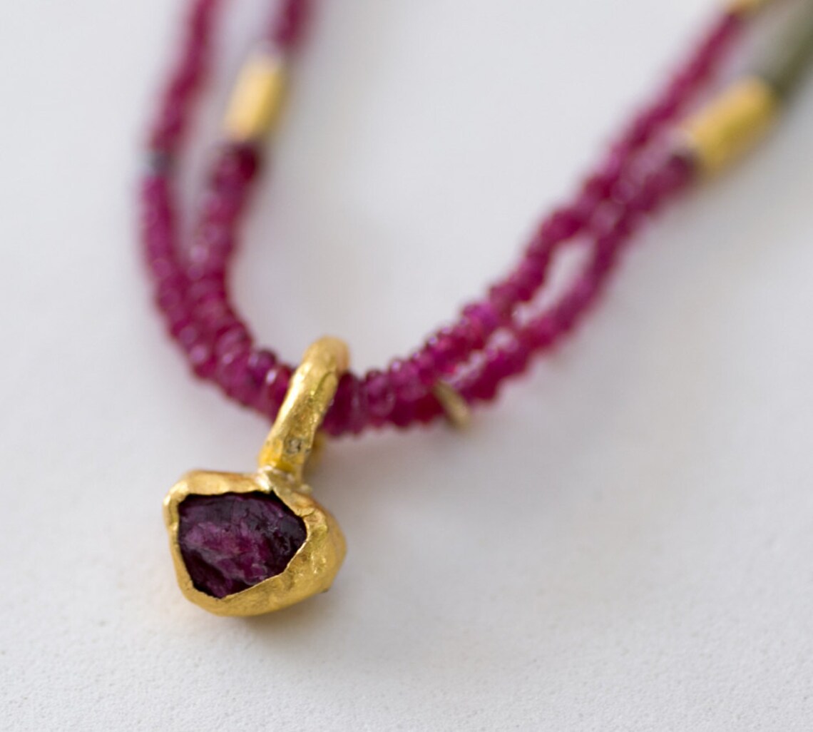 Solid Gold Ruby Necklace, 2 Strand Red Ruby Bead Necklace, Natural Ruby ...