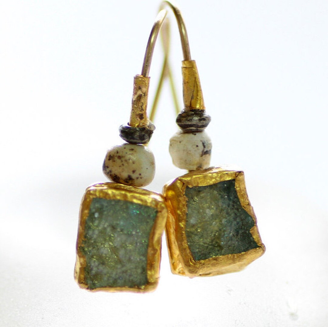 Gold Glass Earrings, Ancient Roman Glass Earrings, Gold Dangle Earrings ...