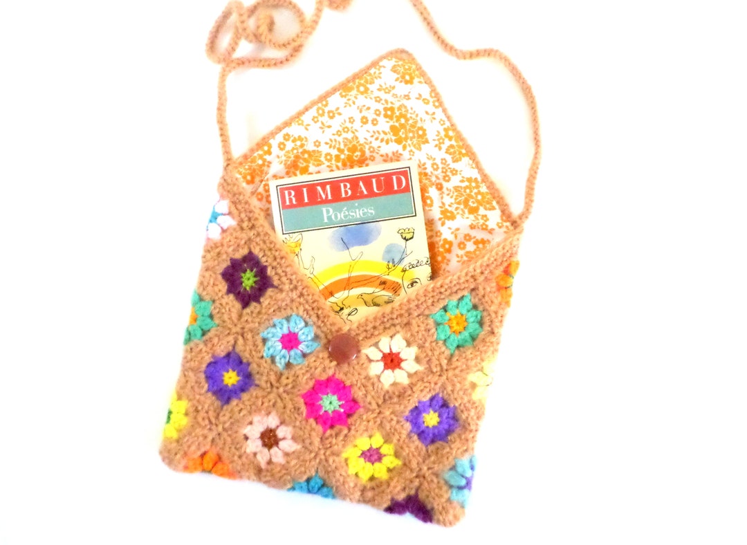 Small Boho Bag With Crochet, Multicolored Mini Flowers on Honey Yellow ...