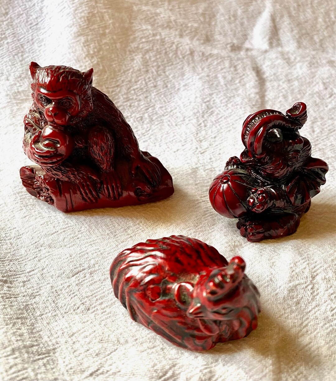 Vintage Chinese Red Resin Figurines of Rooster, Monkey and Elephant in ...