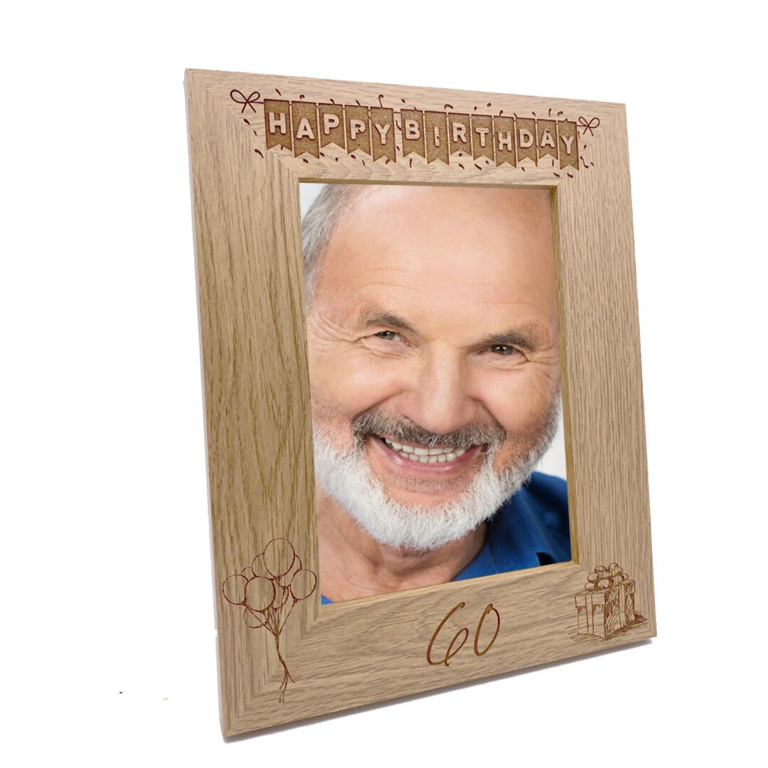 60th Birthday Photo Frame Portrait Wooden Engraved Bunting Style Gift ...