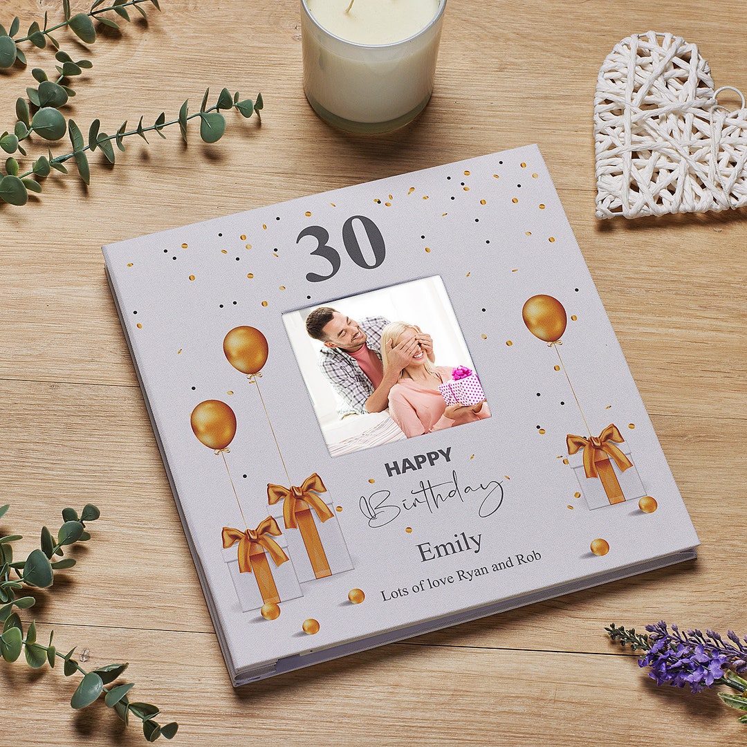 Personalised 30th Birthday Photo Album Linen Cover With Gold Balloons ...