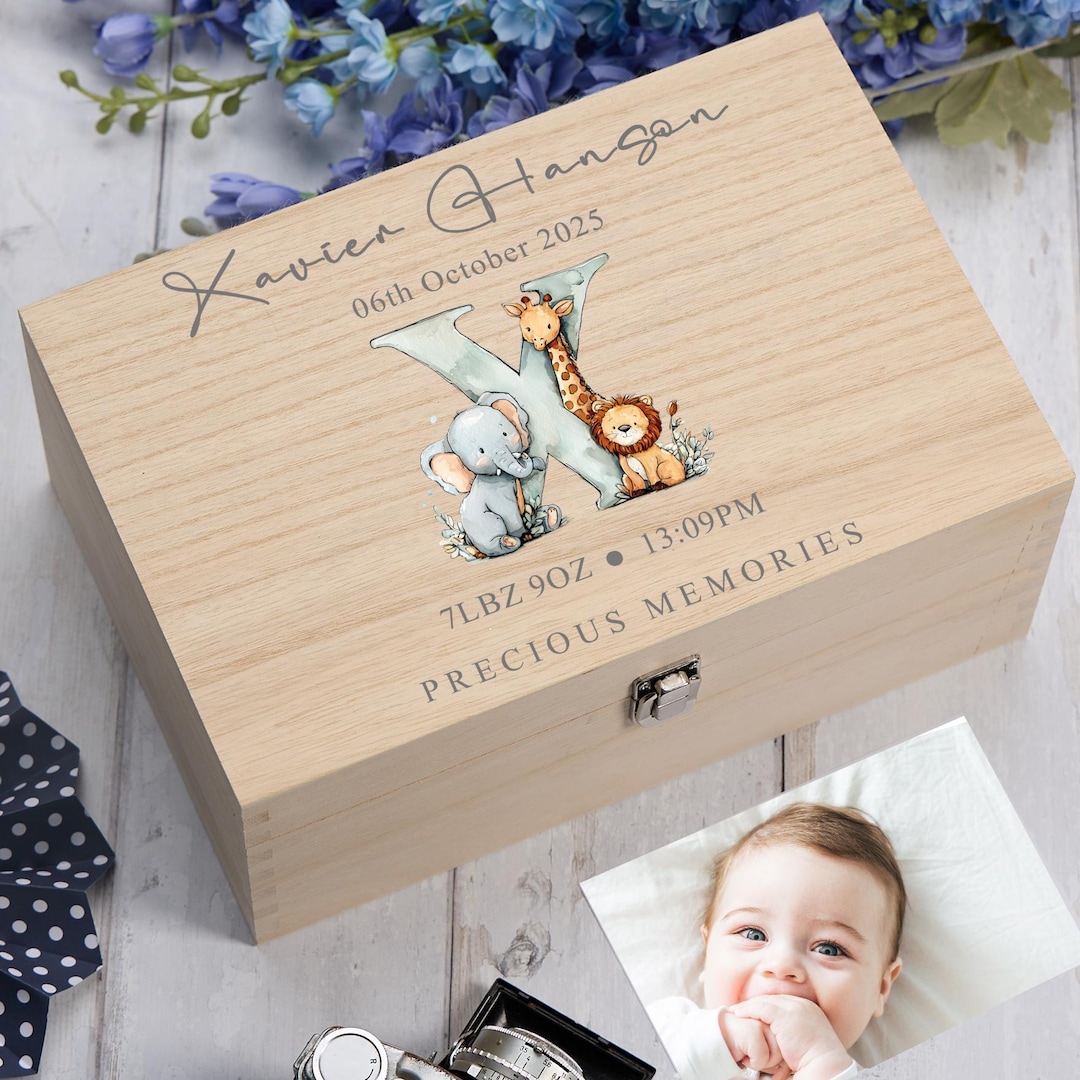 Personalised Wooden Baby Memory Keepsake Box With Animal Alphabet - Etsy UK