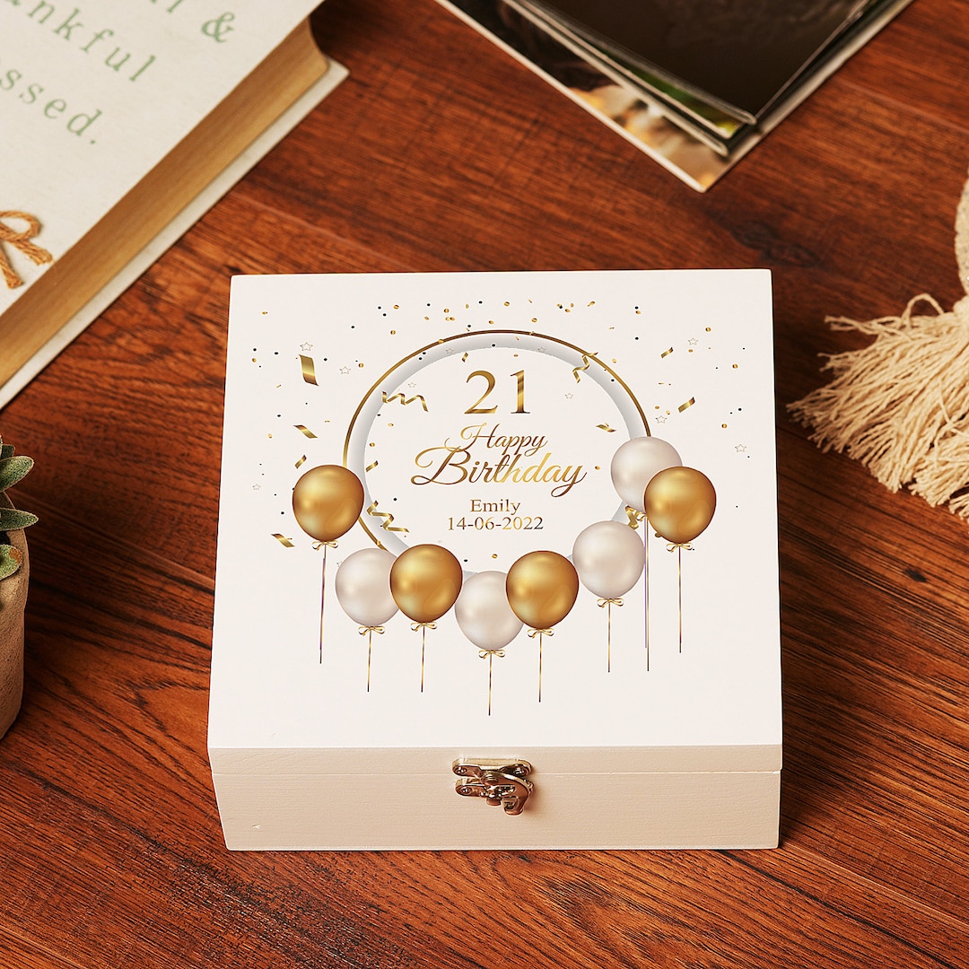 Personalised 21st Birthday Wooden Box Gift With Golden Balloons - Etsy