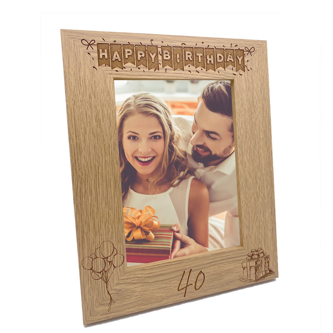 40th Birthday Photo Frame Portrait Wooden Engraved Bunting Style Gift ...