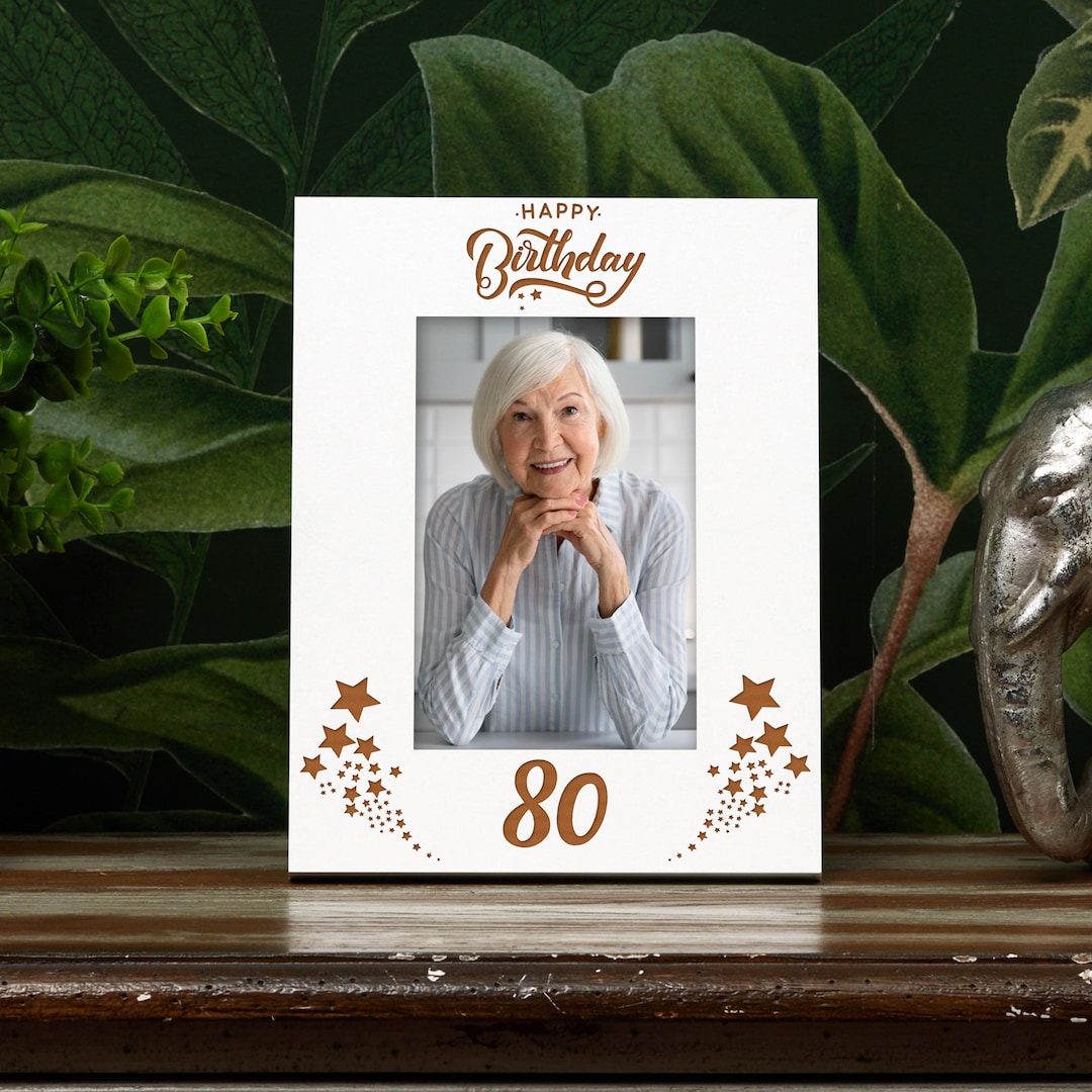 Happy 80th Birthday White Wooden Portrait Photo Frame Star Design Gift ...