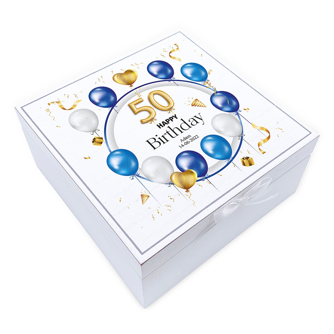 Personalised 50th Birthday Vintage Wooden Box Gift With Blue Balloons ...